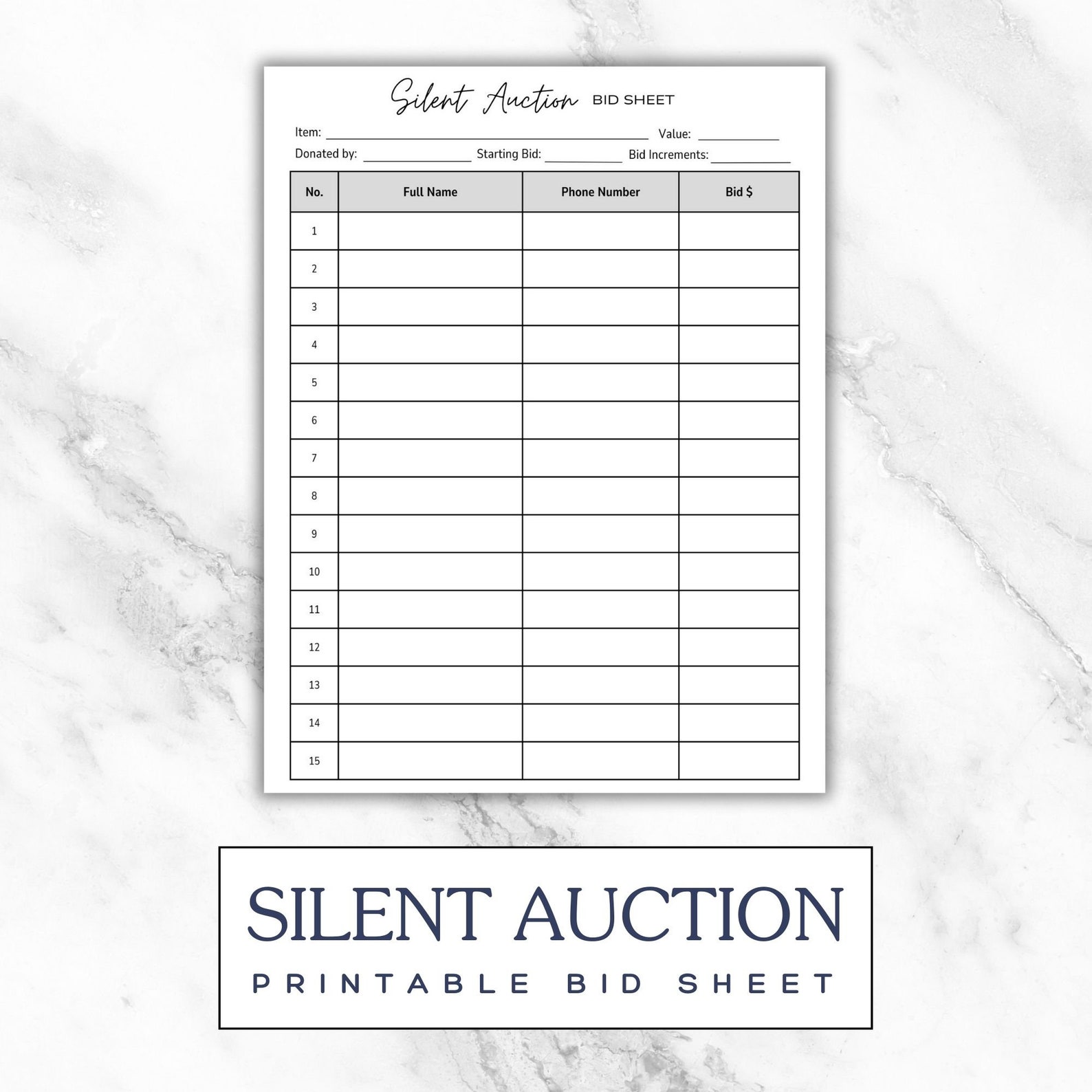 Silent Auction Bidding Sheet | Non-editable Silent Auction Template ...