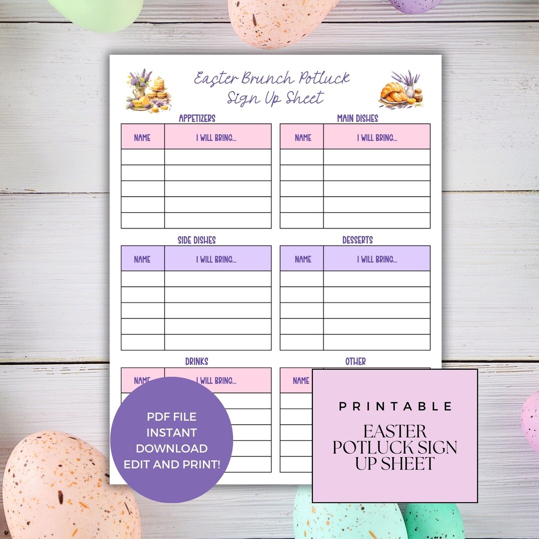 Easter Sign up Sheet | Potluck Food Sign up | Easter Dinner | Easter ...