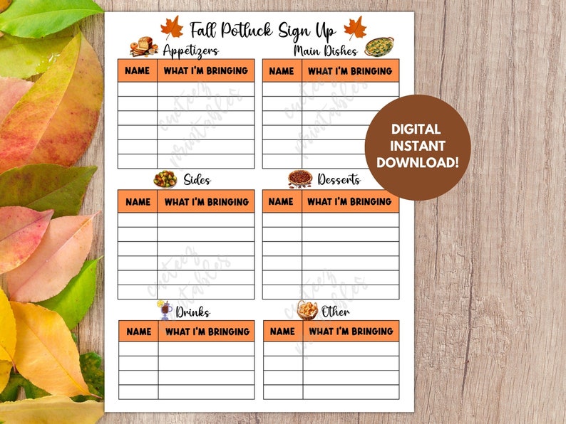 Fall Potluck Sign Up Sheet Printable For Potluck Instant Download Etsy