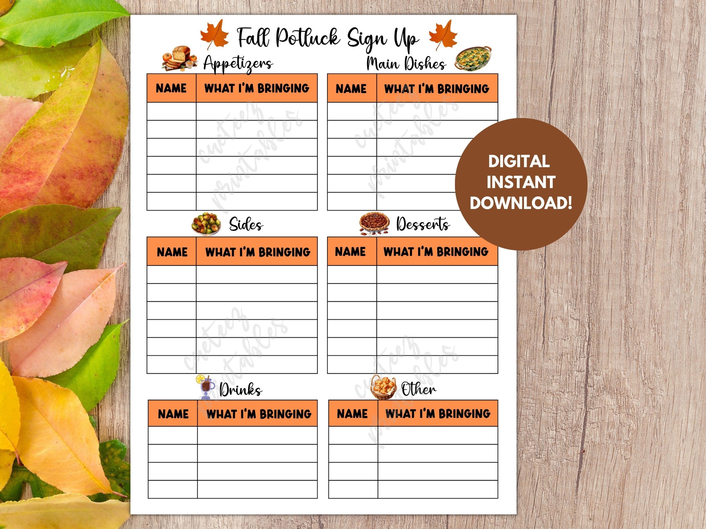 Fall Potluck Sign up Sheet, Printable for Potluck Party, Sign up for ...