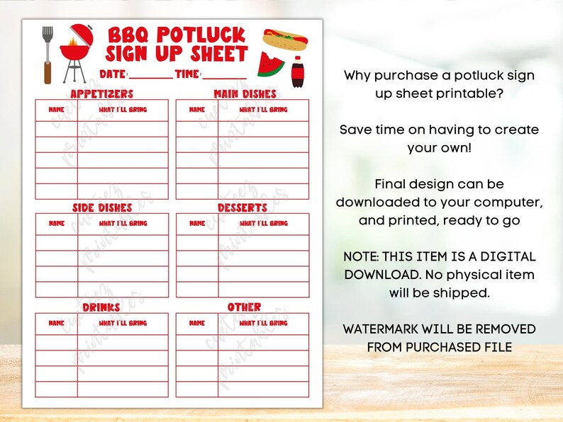 Potluck Sign up Sheet, Printable for BBQ Potluck Party, Sign up for ...