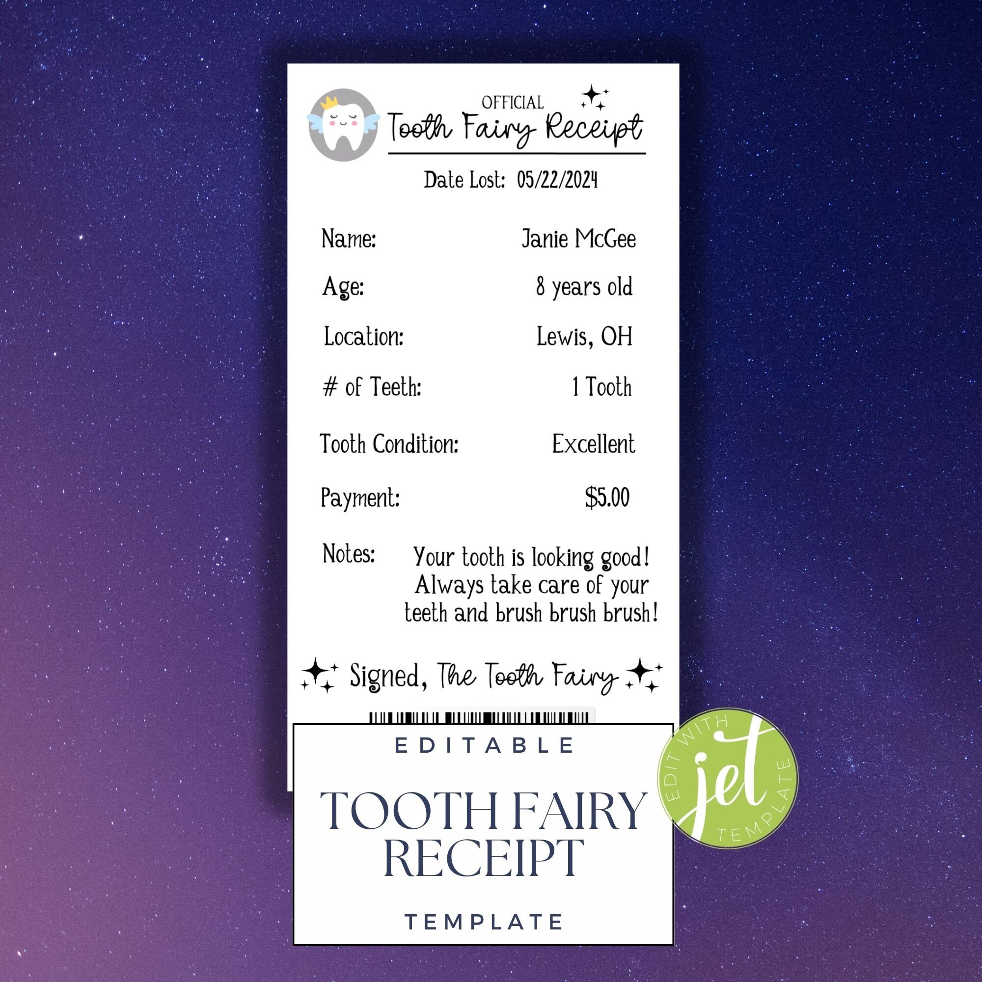 Tooth Fairy Receipt Instant Download Tooth Fairy Note Editable Tooth ...