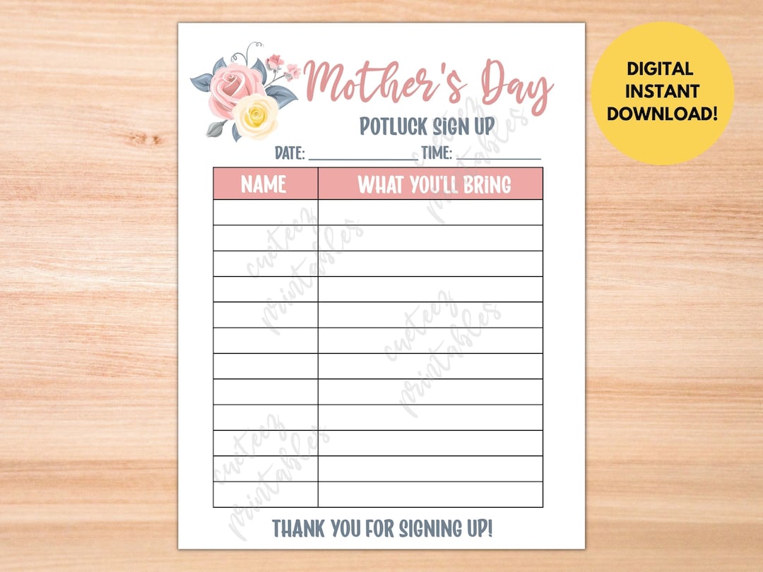 Potluck Sign up Sheet for Mothers Day, Potluck Signup Sheet, Printable ...