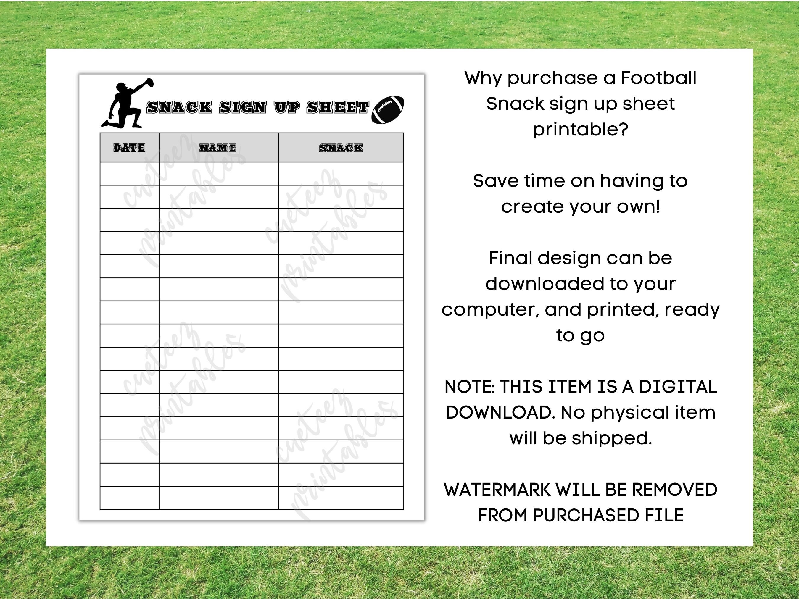 Football Snack Sign up Sheet, Printable for Sign up Sheet for Teams ...