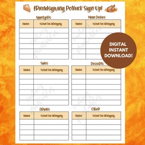 Thanksgiving Friendsgiving Potluck Sign up Sheet, Printable for Potluck ...