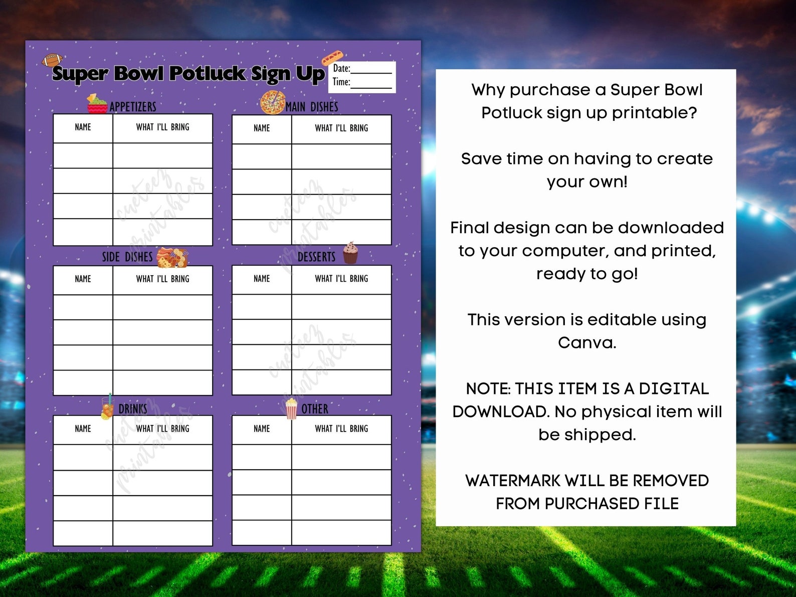 Super Bowl Potluck Sign-up Sheet: Printable Party List (PDF) - Etsy