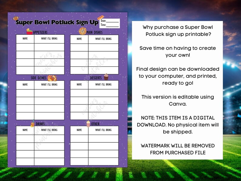 Super Bowl Potluck Sign-up Sheet: Printable Party List (PDF) - Etsy