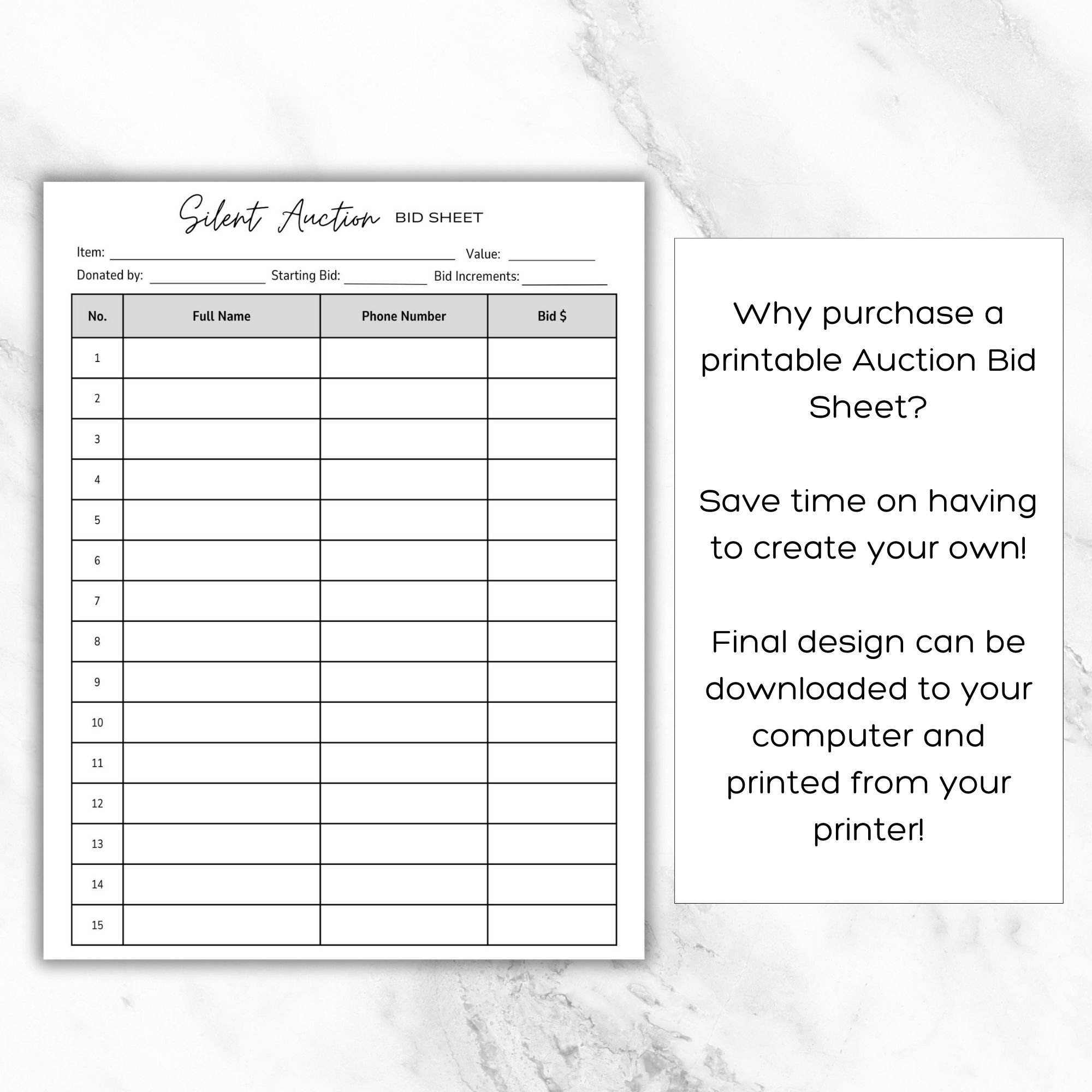 Silent Auction Bidding Sheet | Non-editable Silent Auction Template ...