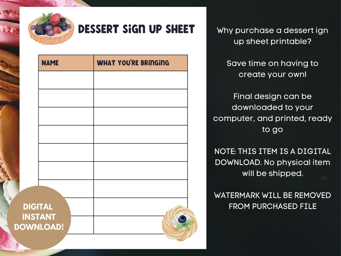 Dessert Sign up Sheet, Printable for Dessert Party, Sign up for Dessert ...