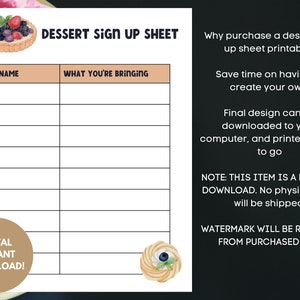 Dessert Sign up Sheet, Printable Party Planner (PDF) - Etsy