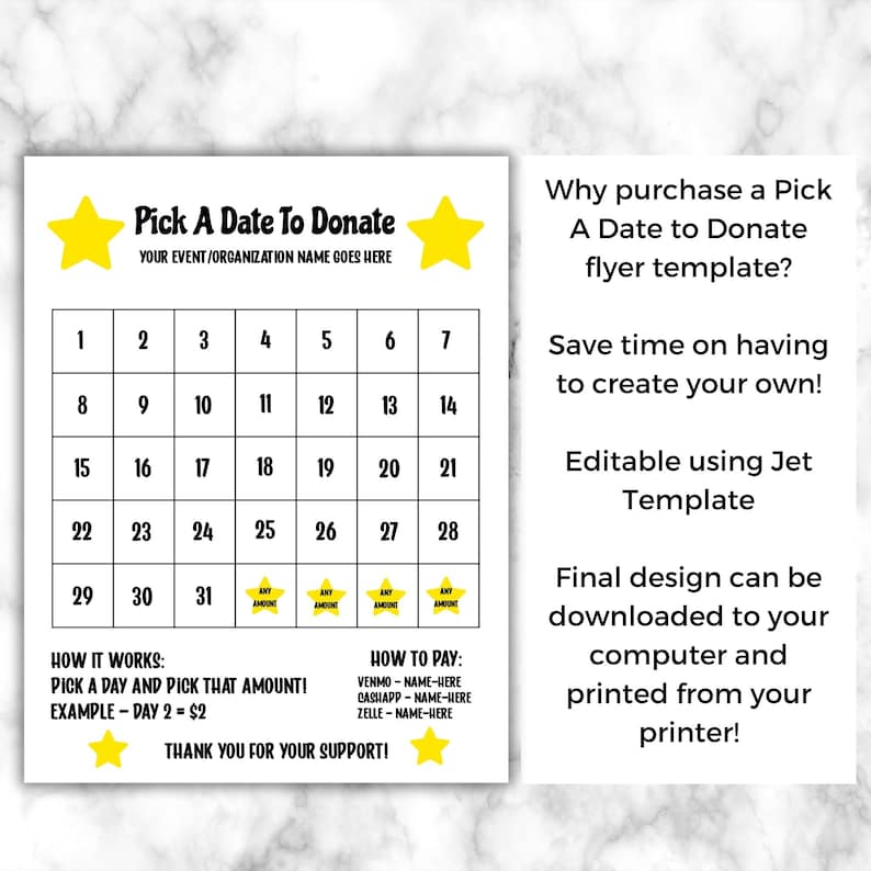 Pick a Date Fundraiser, Editable All Purpose Template, Calendar Sponsor ...
