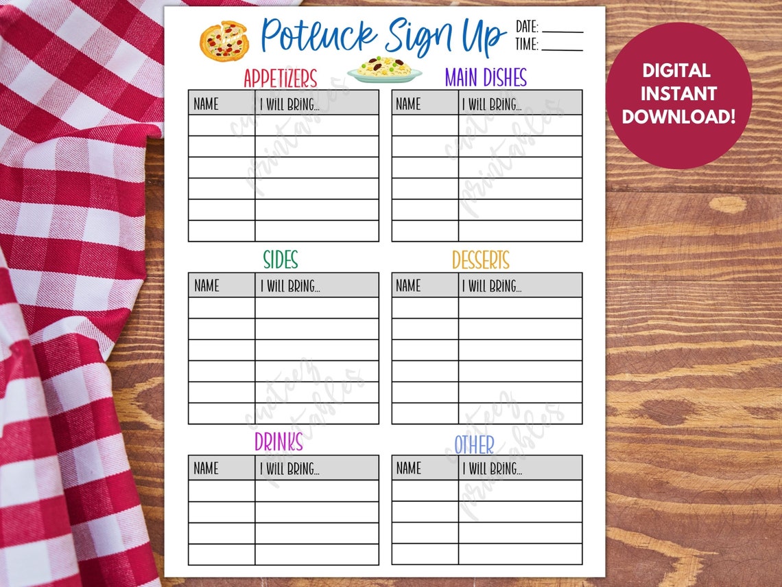 Potluck Sign-up Sheet, Printable Party List (PDF) - Etsy