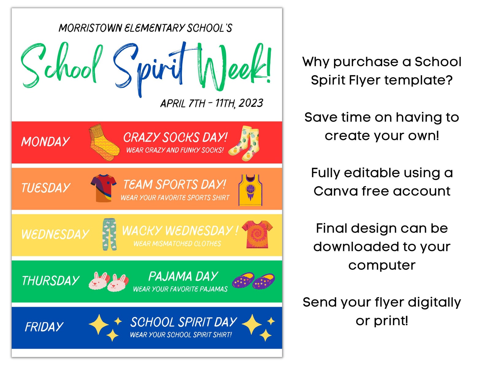School Spirit Week Flyer | Printable School Activity Schedule | School ...
