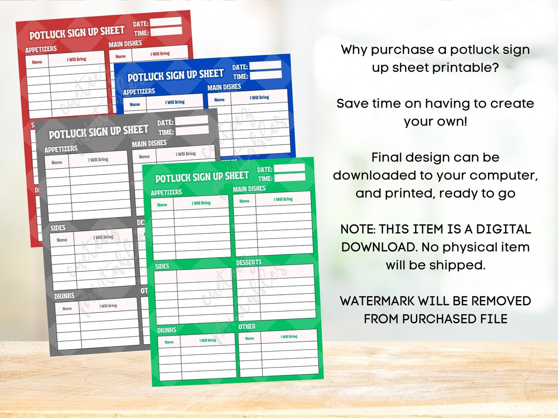 Potluck Sign up Sheet, Printable for Potluck Party, Sign up for Potluck ...
