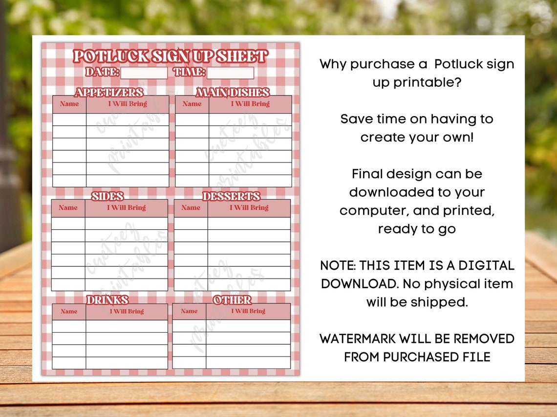 Potluck Picnic Sign up Sheet, Printable for Potluck Party, Sign up for ...