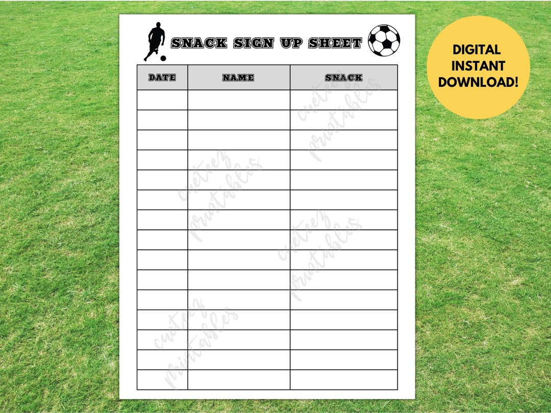 Soccer Snack Sign up Sheet, Printable Team Schedule (PDF) - Etsy