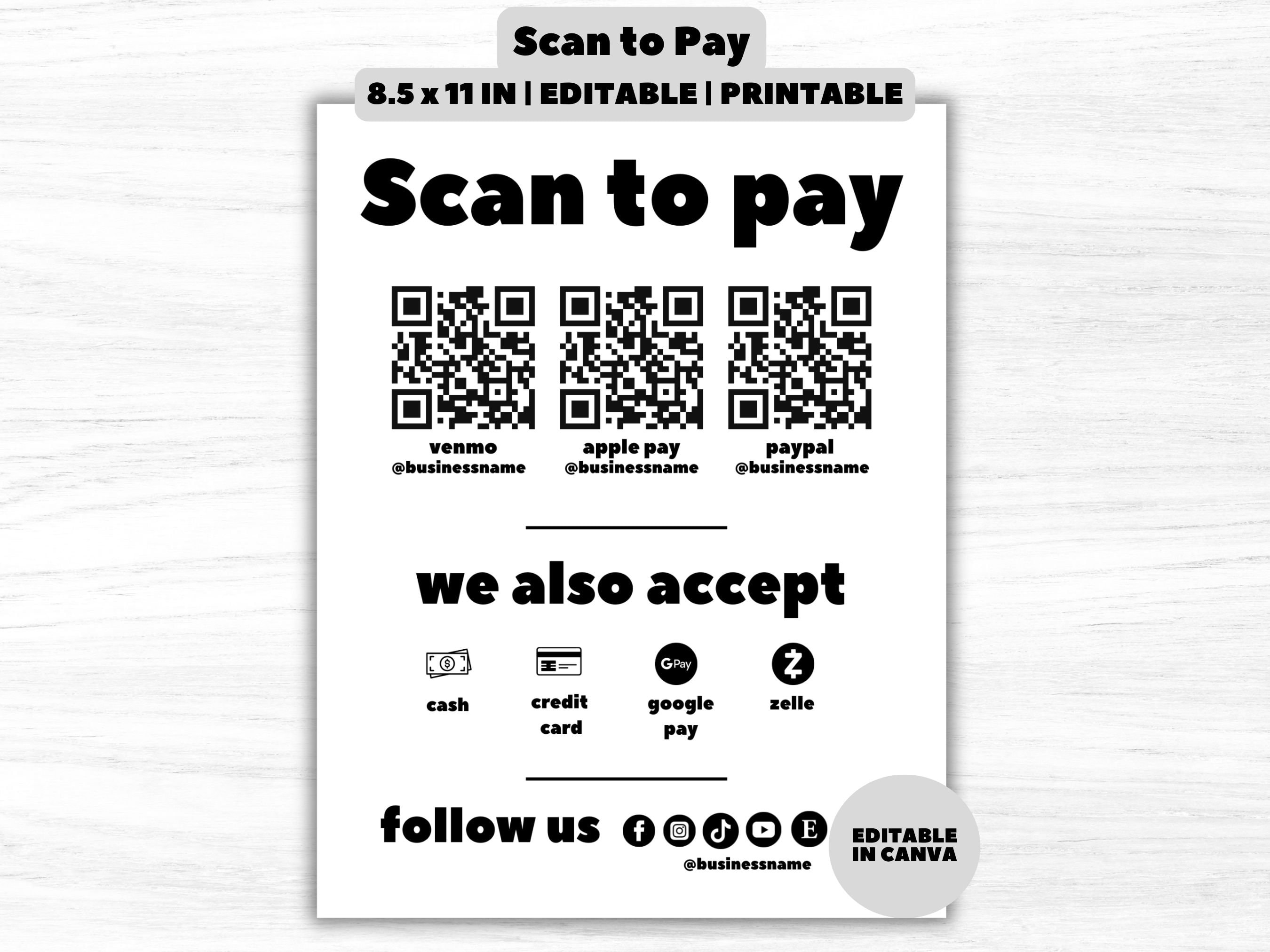 Scan to Pay Template Editable Sign QR Code Payment Method Printable - Etsy