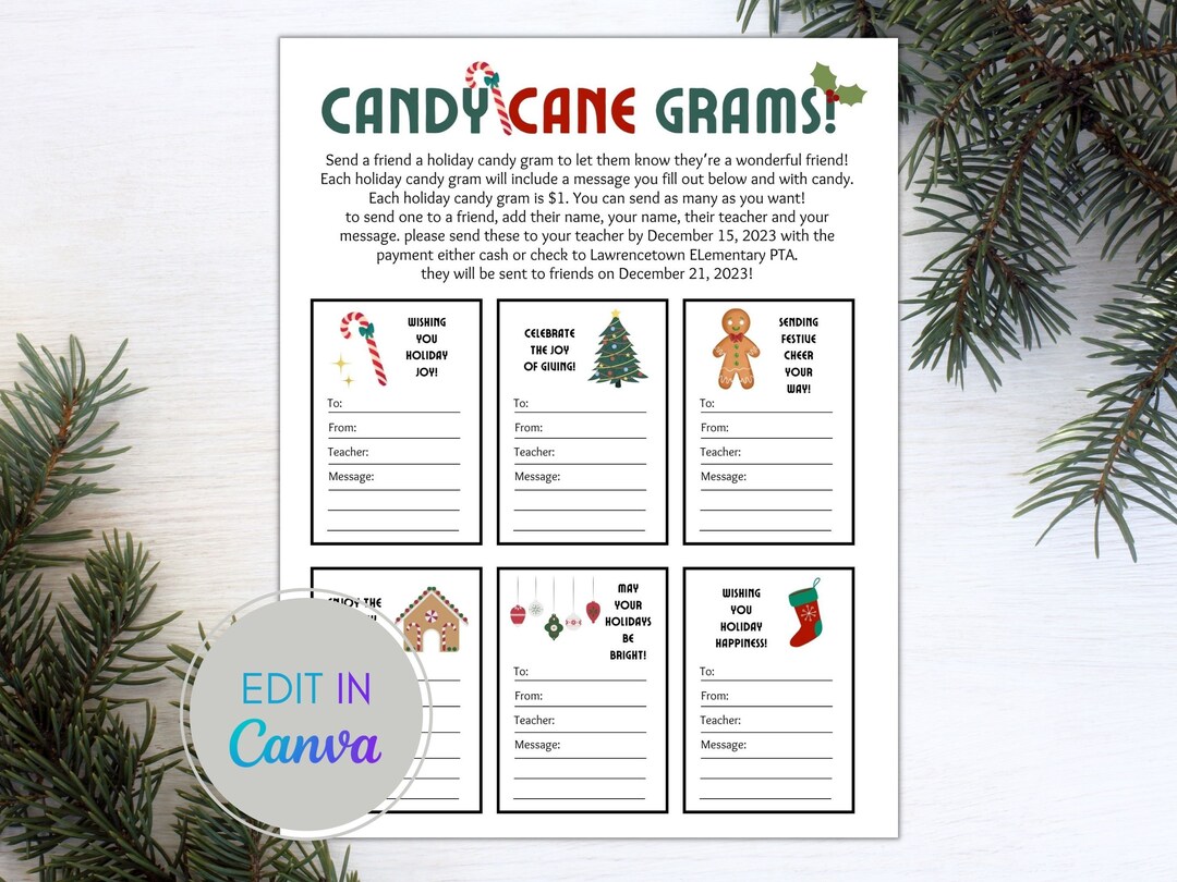Editable Candy Cane Gram, Christmas Candy Gram, Candy Gift Tag, School ...