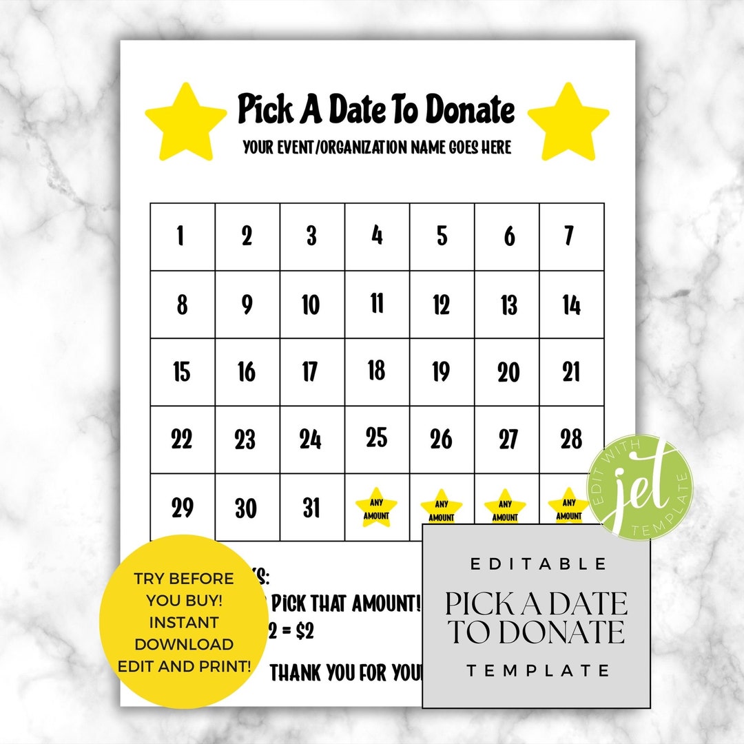 Pick a Date Fundraiser, Editable All Purpose Template, Calendar Sponsor ...