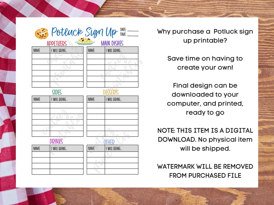 Potluck Sign up Sheet, Printable for Potluck Party, Sign up for Potluck ...