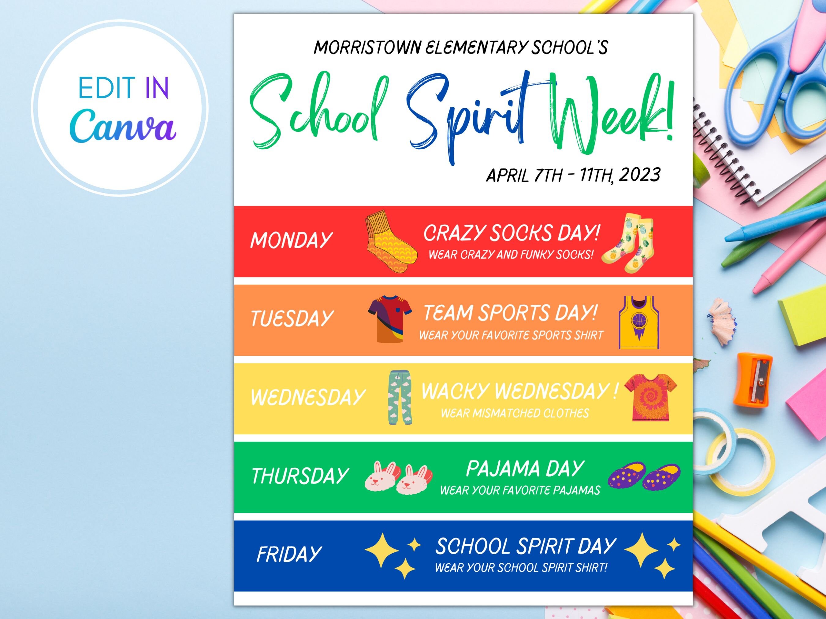 School Spirit Week Flyer | Printable School Activity Schedule | School ...