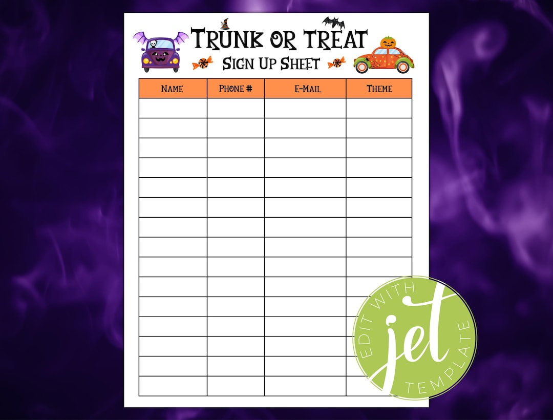 EDITABLE Trunk or Treat Sign up Sheet, Halloween Trunk or Treat Signup ...