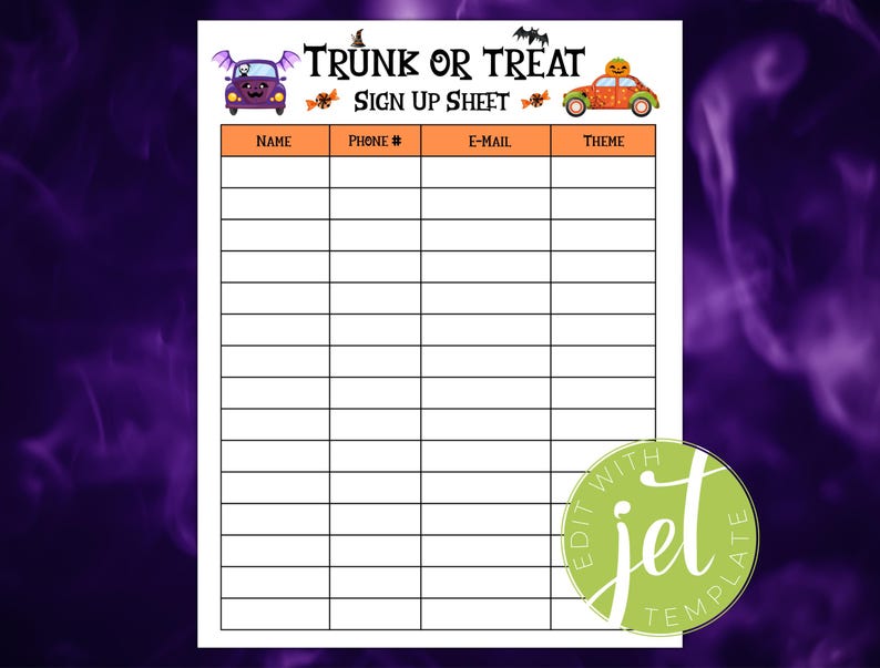 EDITABLE Trunk or Treat Sign up Sheet, Halloween Trunk or Treat Signup ...