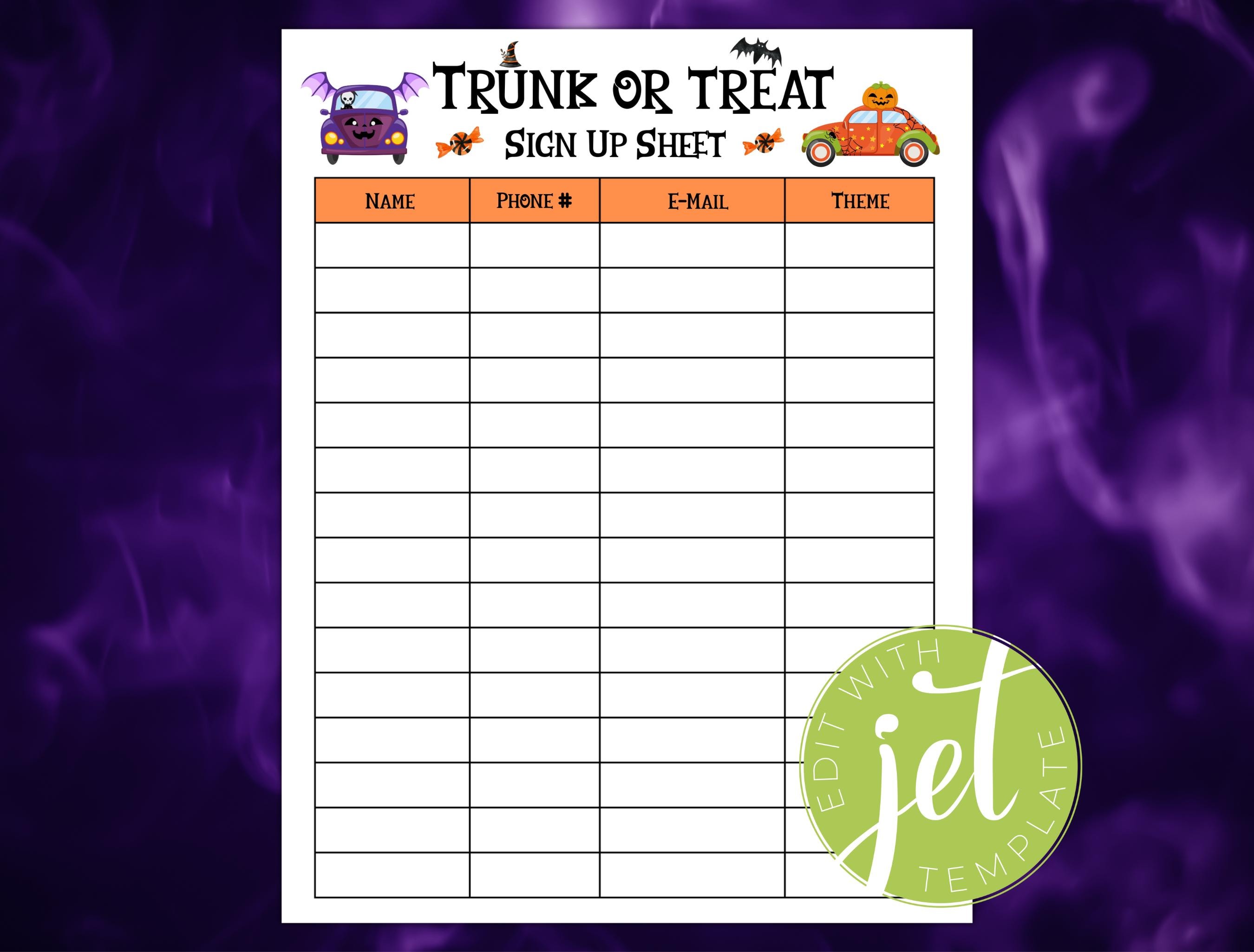 EDITABLE Trunk or Treat Sign up Sheet, Halloween Trunk or Treat Signup ...
