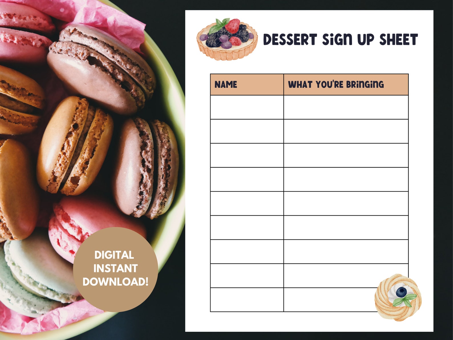 Dessert Sign up Sheet, Printable for Dessert Party, Sign up for Dessert ...
