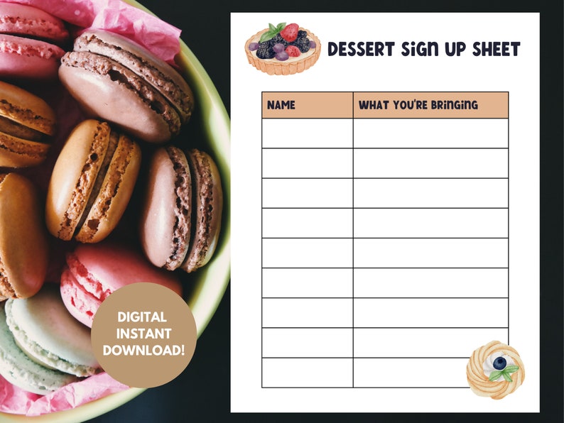 Dessert Sign up Sheet, Printable for Dessert Party, Sign up for Dessert ...