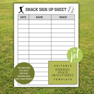 Snack Sign up Sheet Digital Template Instant File School Sports Team ...