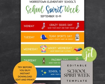 School Spirit Week Flyer | Printable School Activity Schedule | School ...