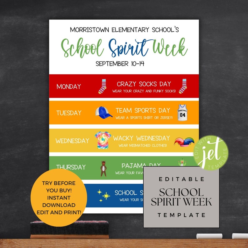 School Spirit Week Flyer | Printable School Activity Schedule | School ...