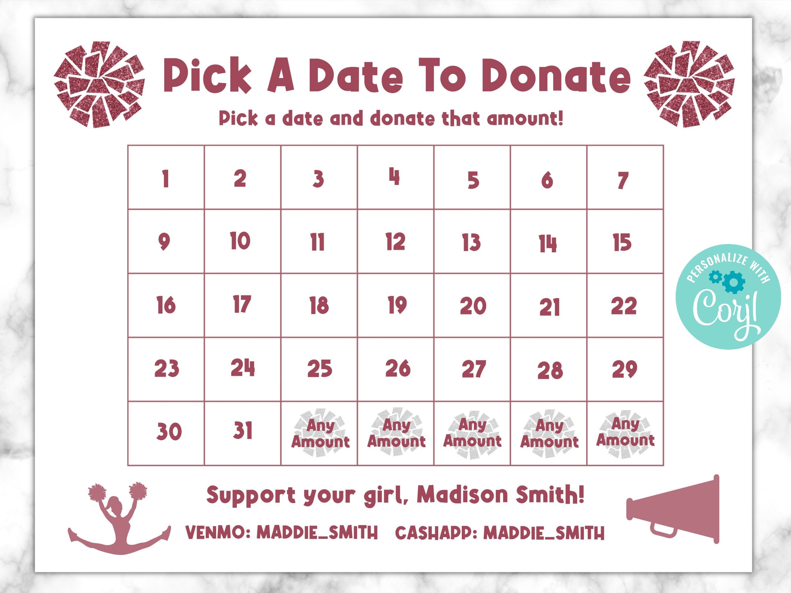 Editable Pick a Date Fundraiser, Editable Cheerleader Fundraiser ...