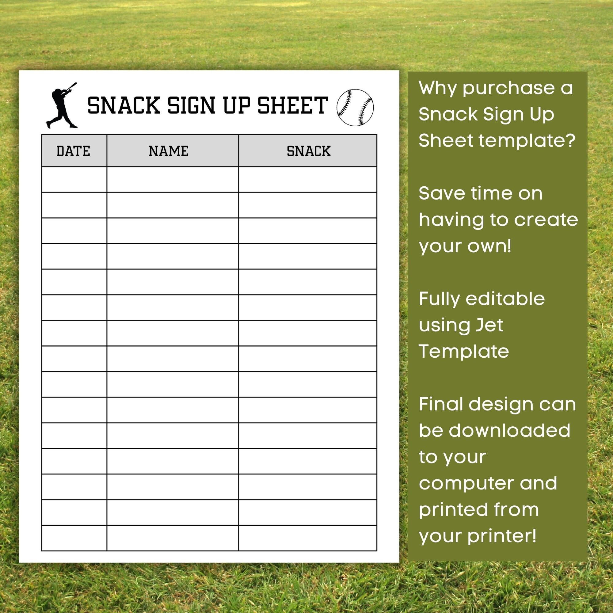 Snack Sign up Sheet Digital Template Instant File School Sports Team ...