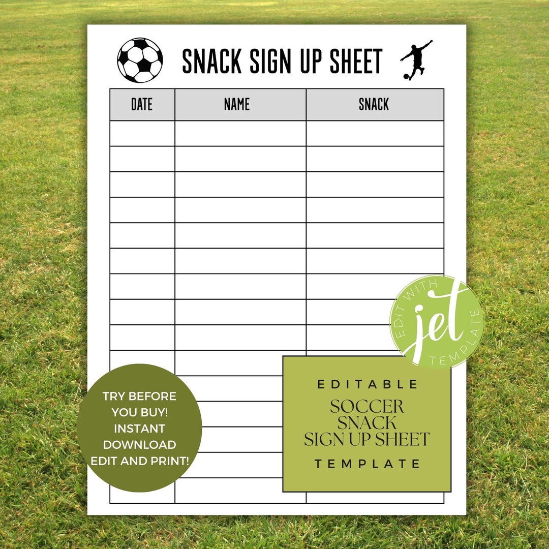 Snack Sign up Sheet | Editable Game Day Snack Sign up | Soccer ...