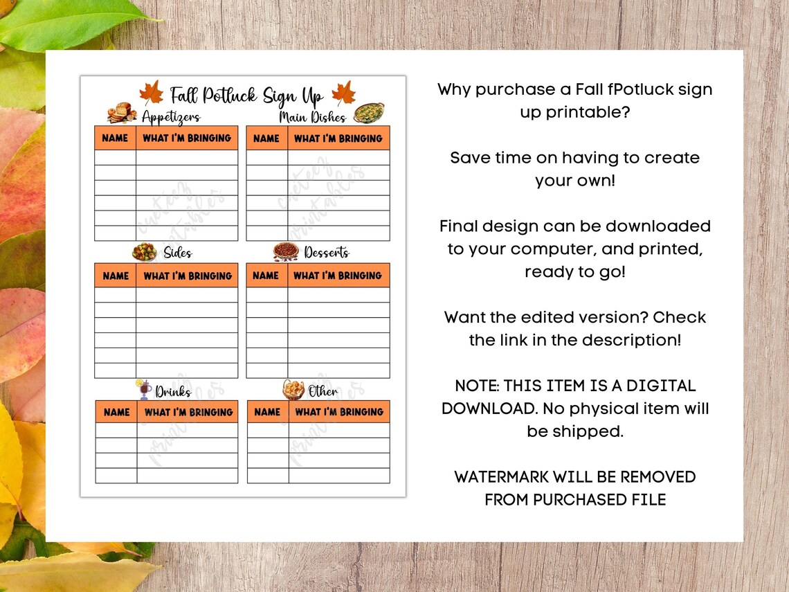 Fall Potluck Sign up Sheet, Printable for Potluck Party, Sign up for ...