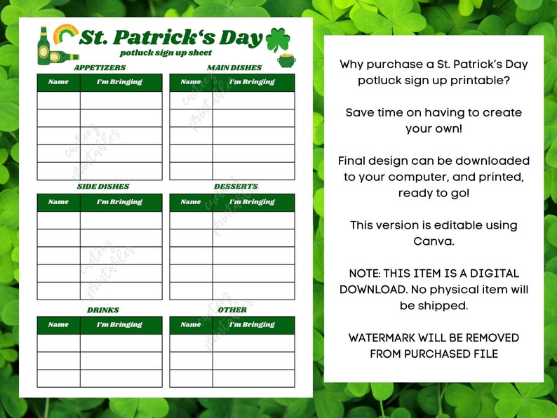EDITABLE St. Patrick's Day Potluck Sign up Sheet, Printable for Potluck ...