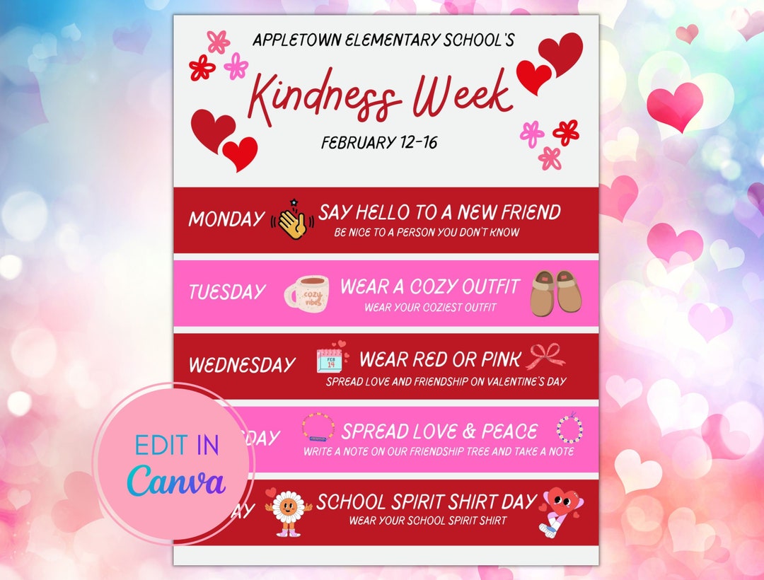 Kindness Week School Flyer: Printable Activity Schedule (canva Template ...