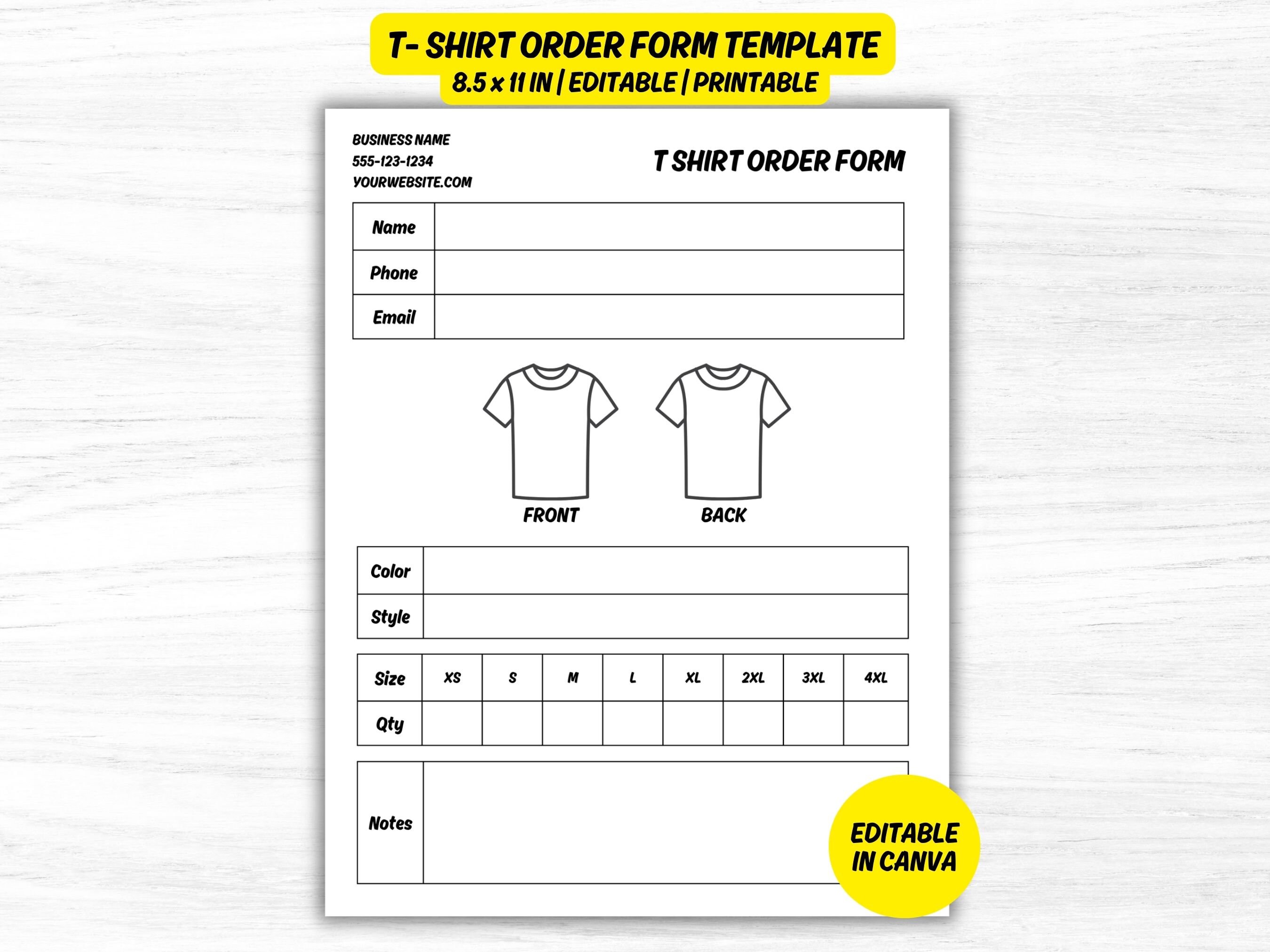 Tshirt Order Form Template Editable T-shirt Canva Template - Etsy