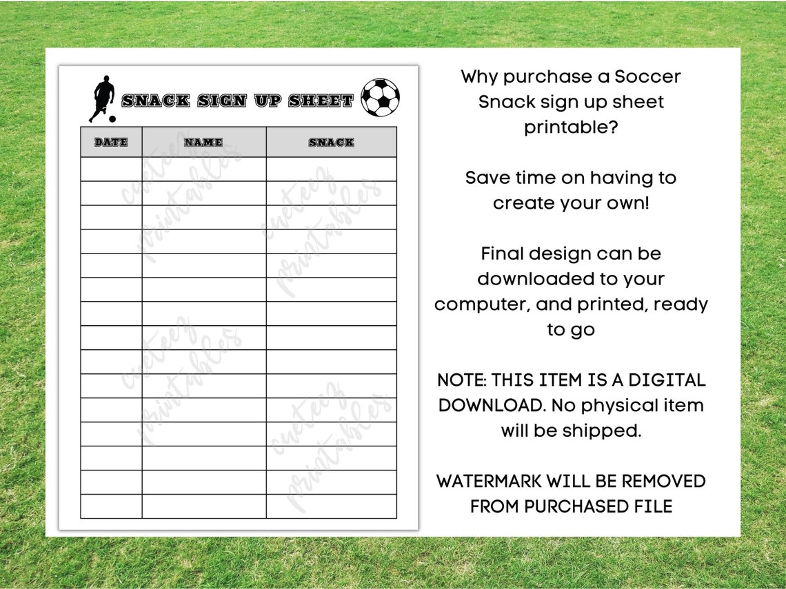 Snack Sign up Sheet for Soccer Games, Printable for Sign up Sheet for ...
