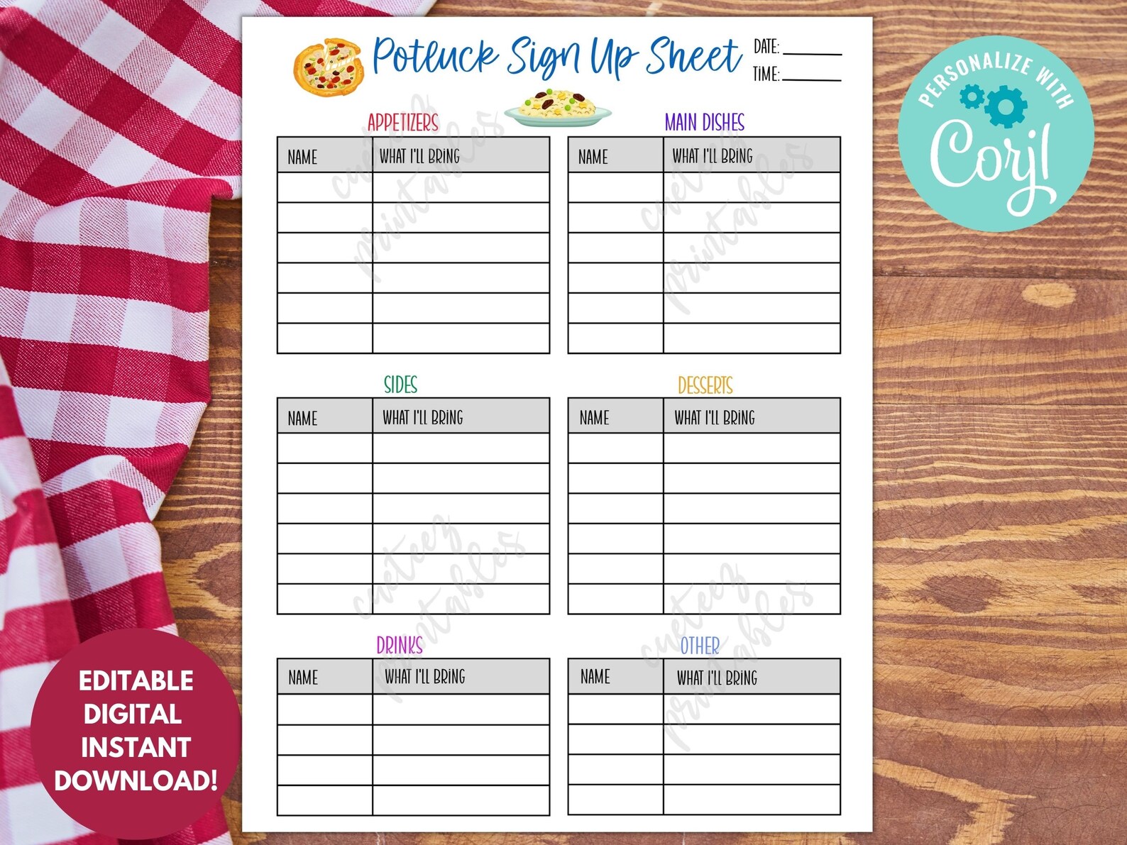 EDITABLE Potluck Sign up Sheet, Printable for Potluck Party, Sign up ...