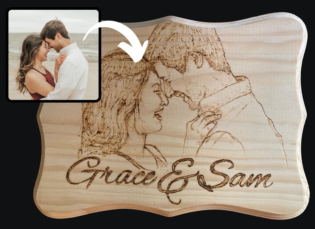 Custom Portrait With Text Pyrography Wood Burned Photo; Wedding ...