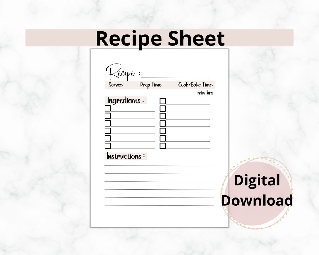 Recipe Template Printable Blank Recipe Sheet Recipe Planner 8.5 X 11 in ...
