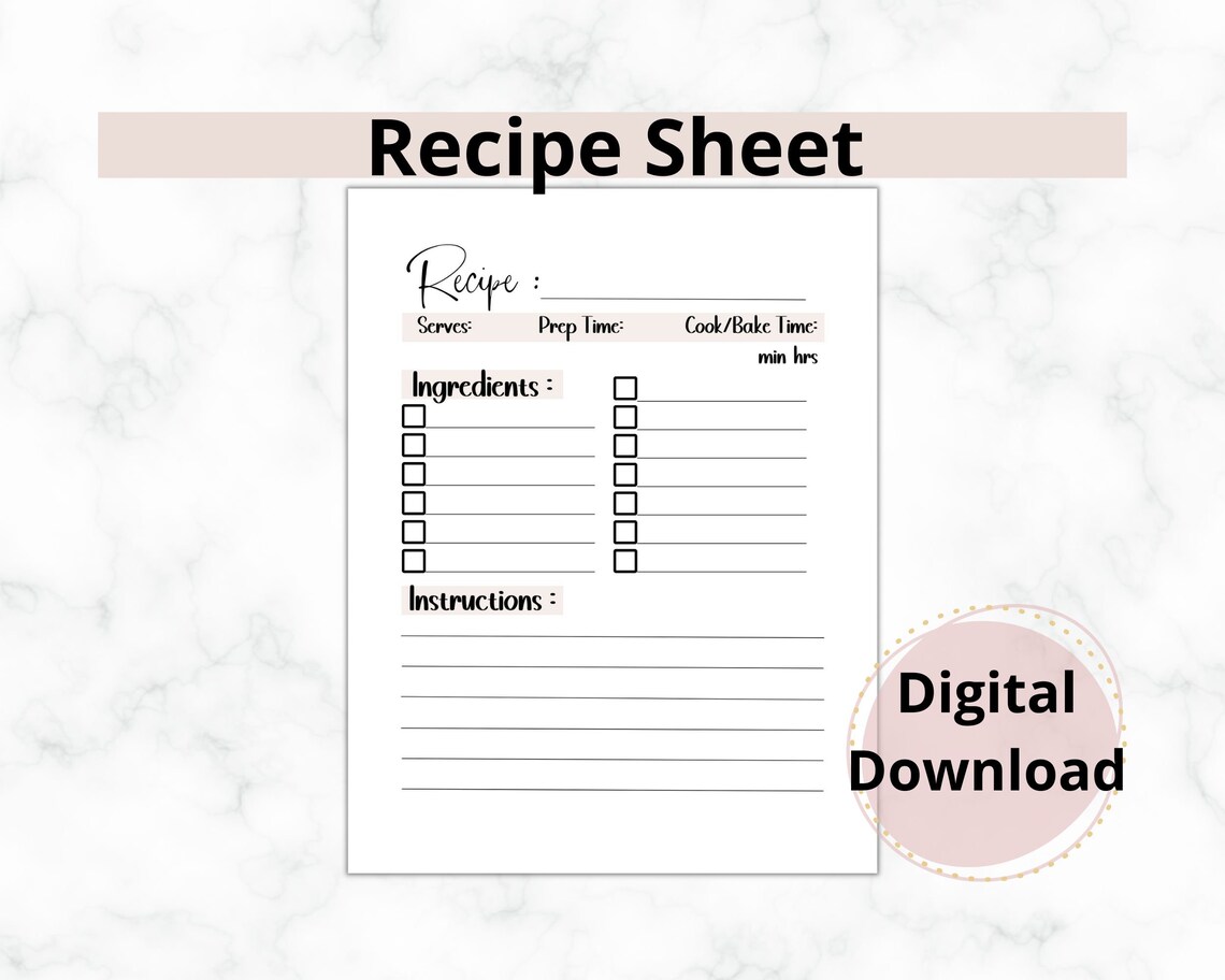Recipe Template Printable Blank Recipe Sheet Recipe Planner 8.5 X 11 in ...