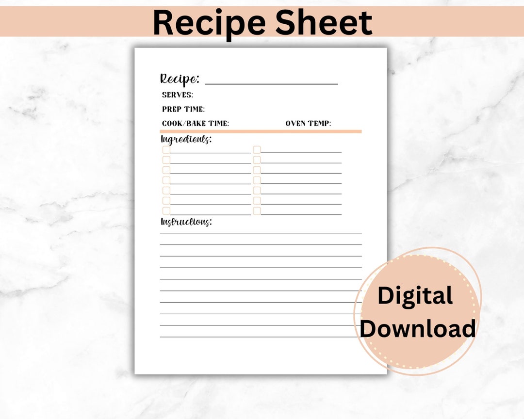 Recipe Template Printable Blank Recipe Sheet Recipe Planner 8.5 X 11 in ...