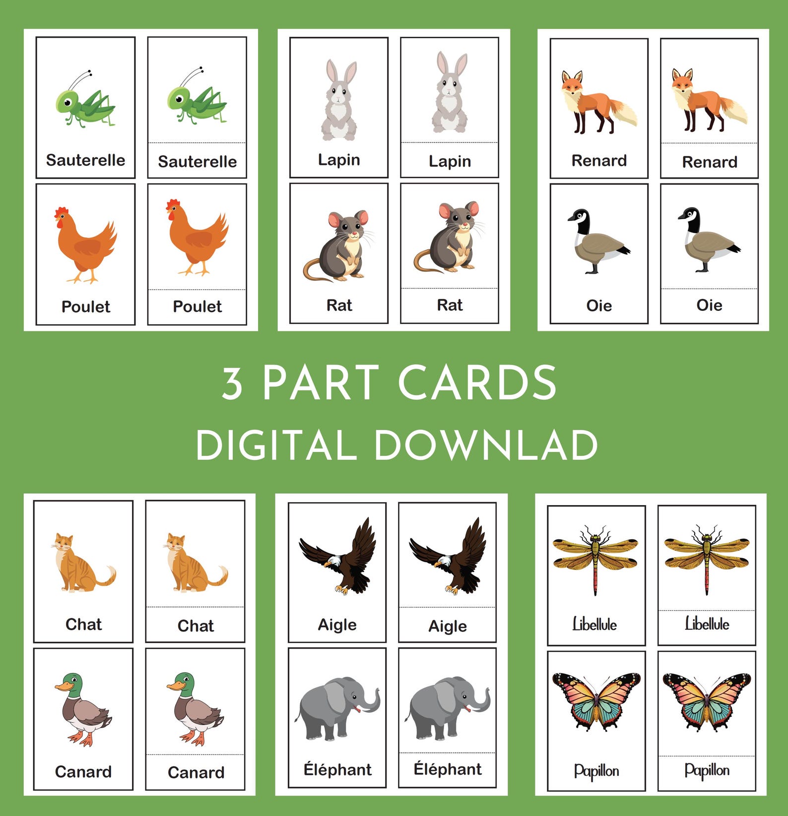 French Animal Flash Cards for Kids - Montessori Animals Matching Cards ...