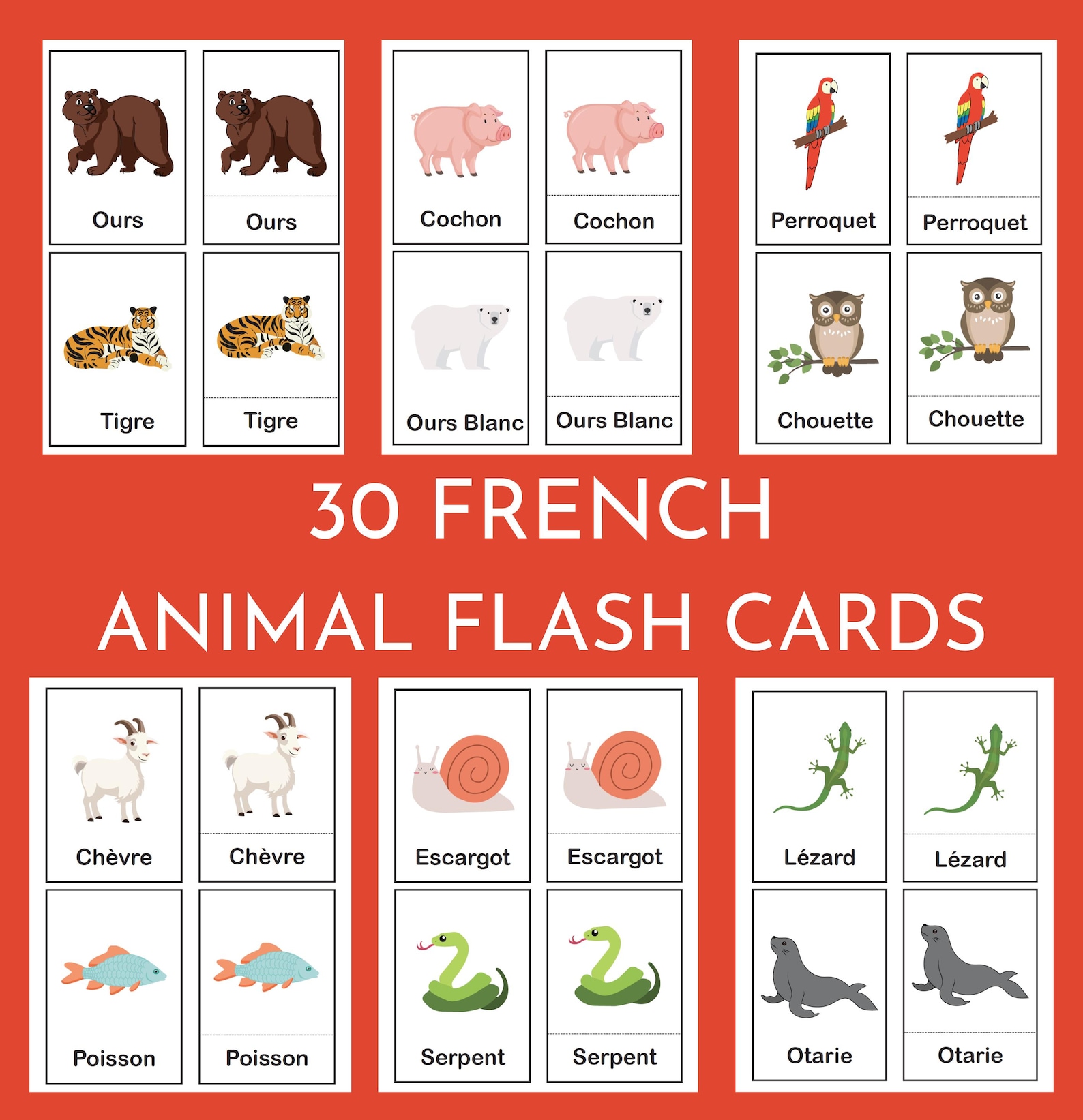 French Animal Flash Cards for Kids - Montessori Animals Matching Cards ...