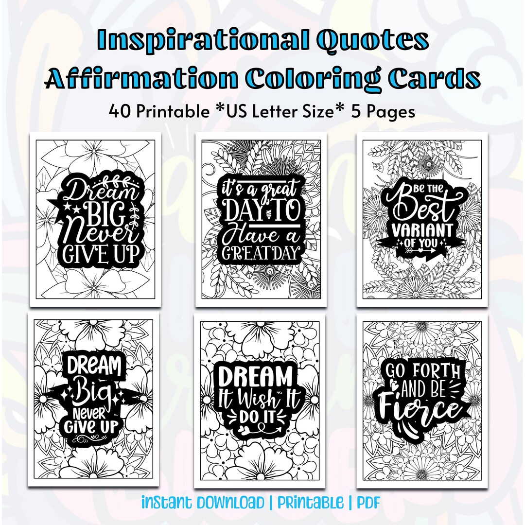 Inspirational Quotes Coloring Cards: 40 Affirmation Designs (digital ...