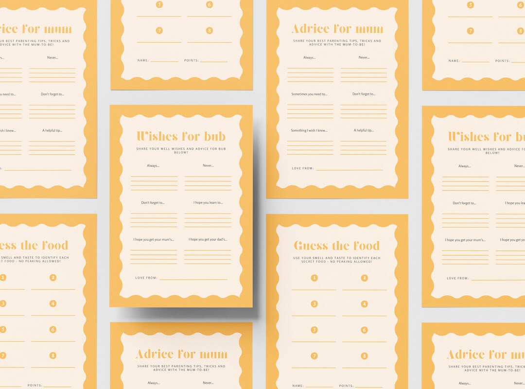 Modern Baby Shower Party Games Retro Wavy Border Orange Pack of 8 ...